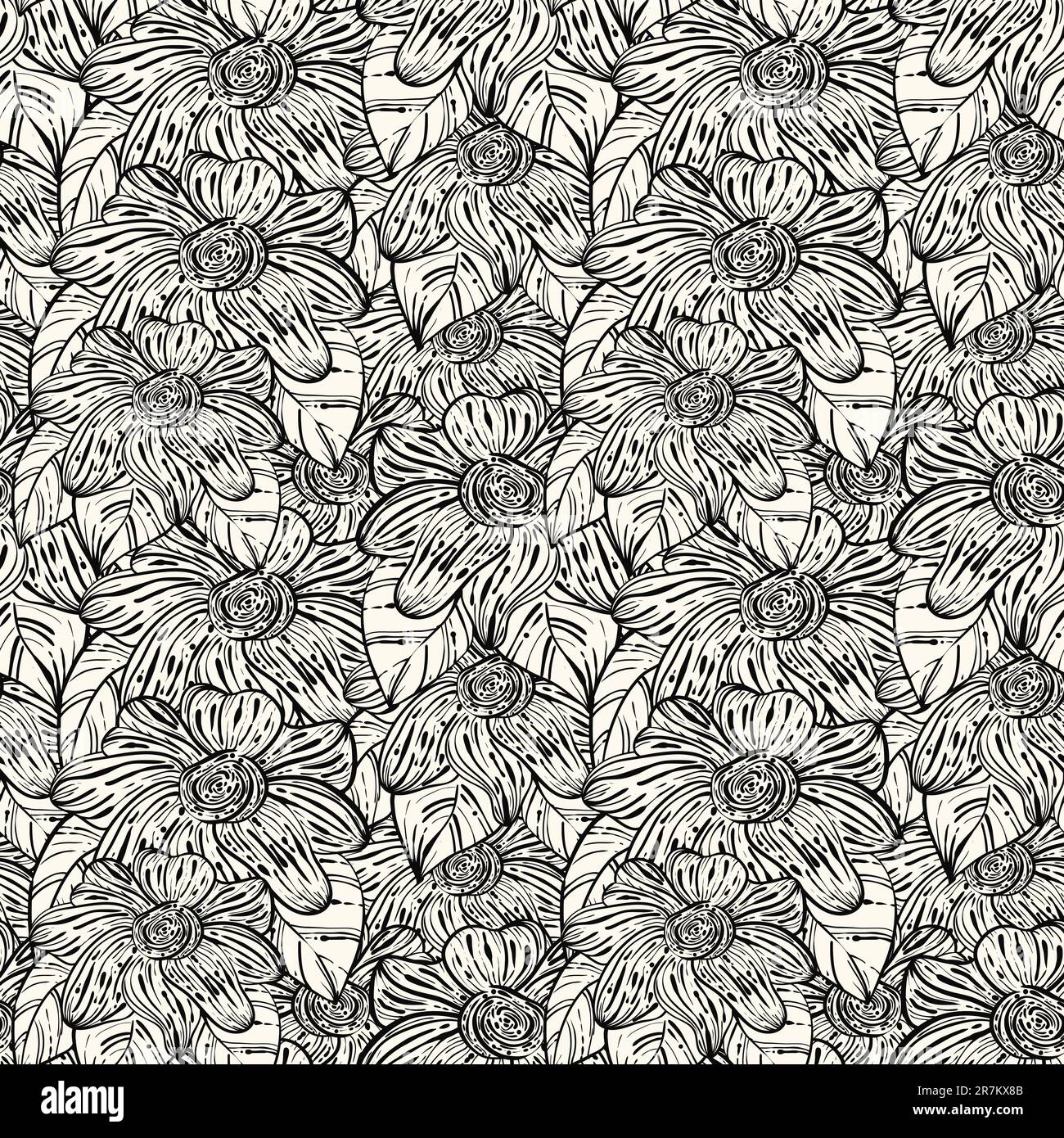 vector seamless monochrome pattern with abstract flowers, 4 clipping ...
