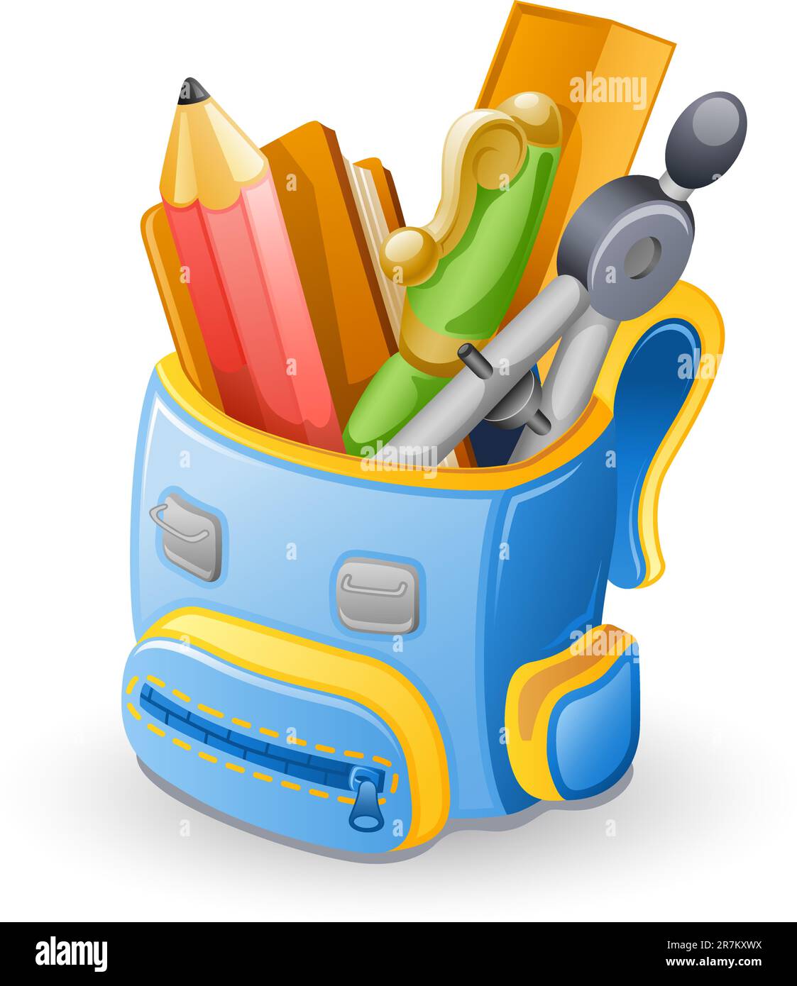 School bag: pencil, book, pen, ruler, compasses . Isolated on white ...