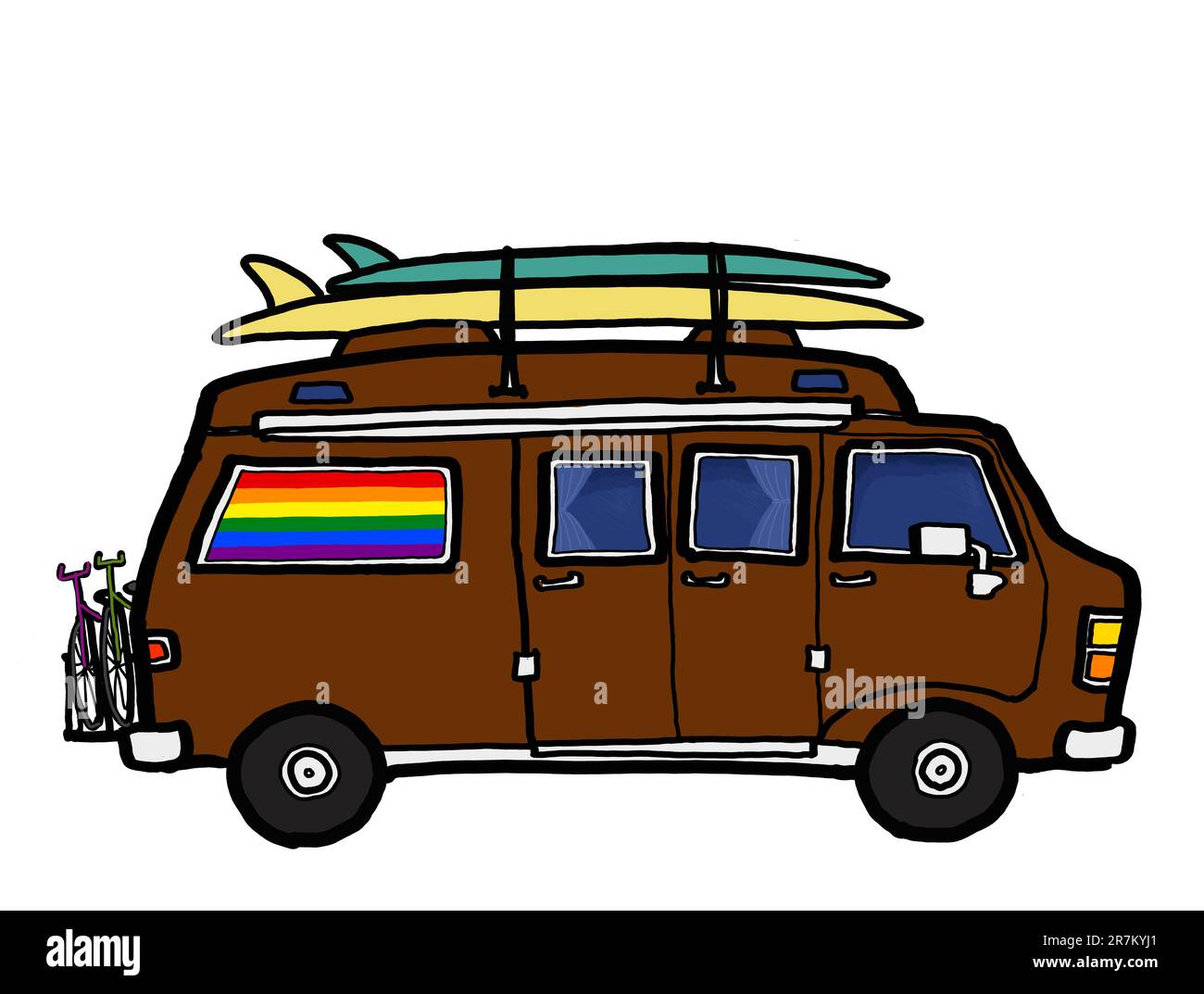 A camper van vehicle with surfboard and bicycles and gay pride rainbow ...