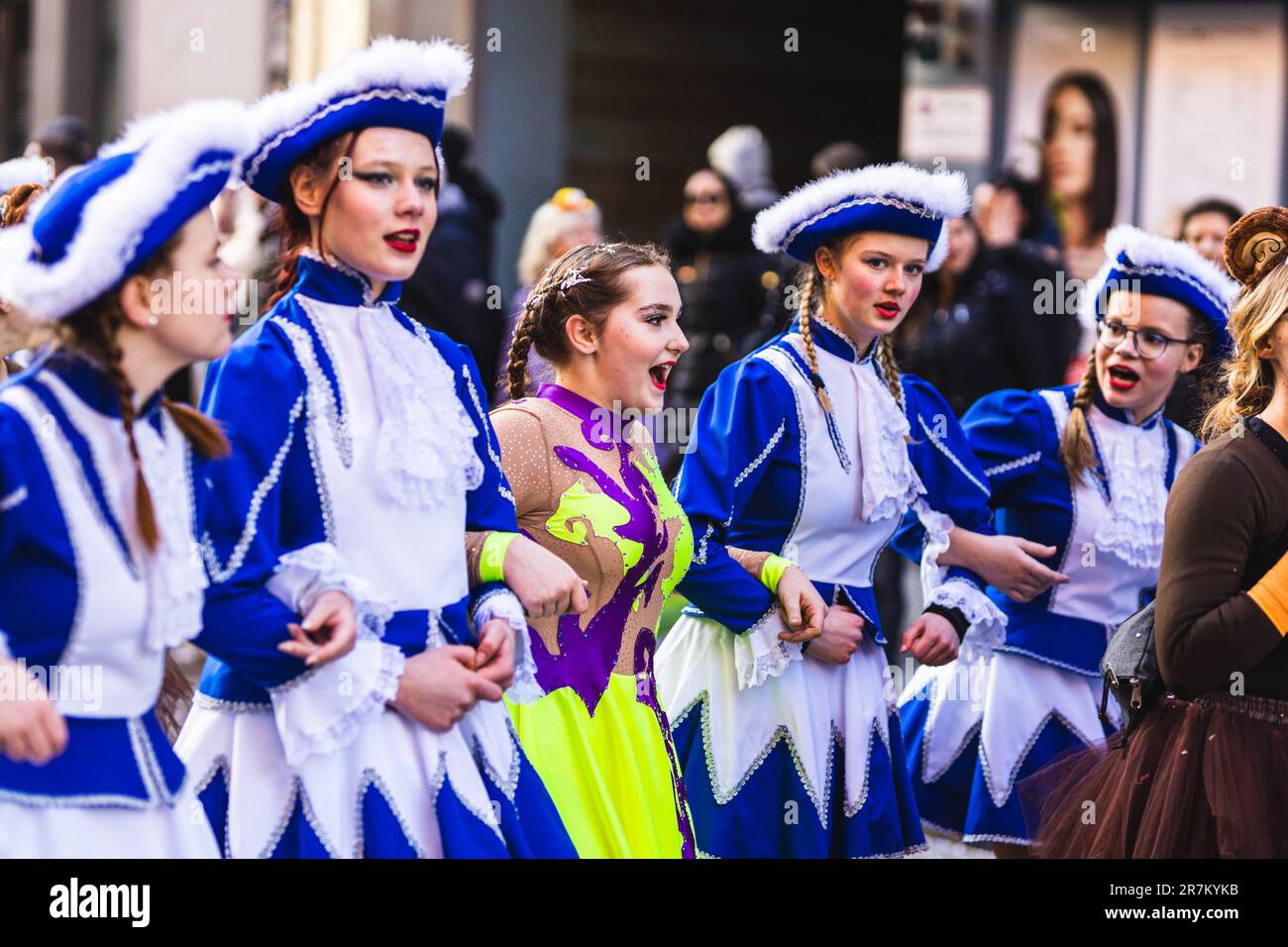 The people in fun costumes celebrating at the carnival Fasching on Rose ...