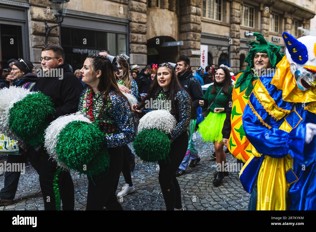 The people in fun costumes celebrating at the carnival Fasching on Rose ...