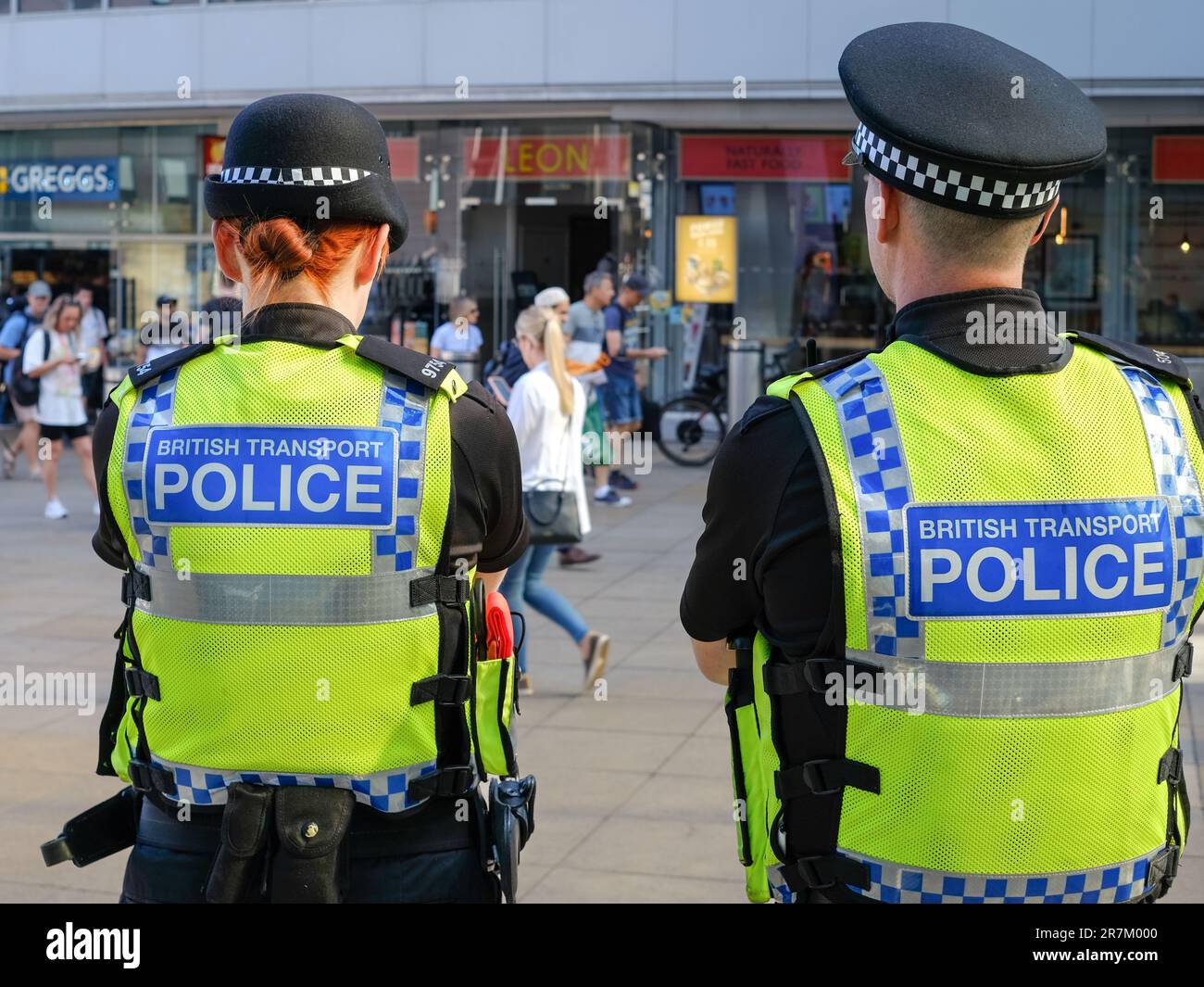 British Transport Police at a train station in the UK. Passenger safety ...