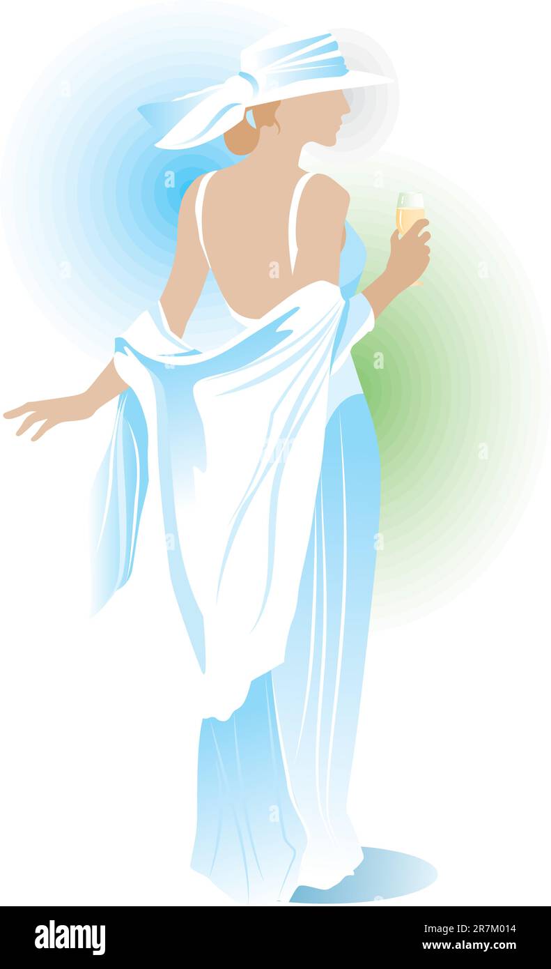 Drawing beauty woman with a glass of white vine. Vector illustration ...