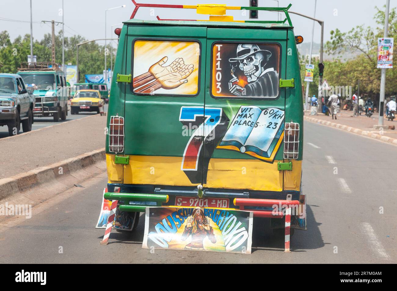 Decorated tailgate of a taxi-brousse on a street in Bamako, Mali Stock ...
