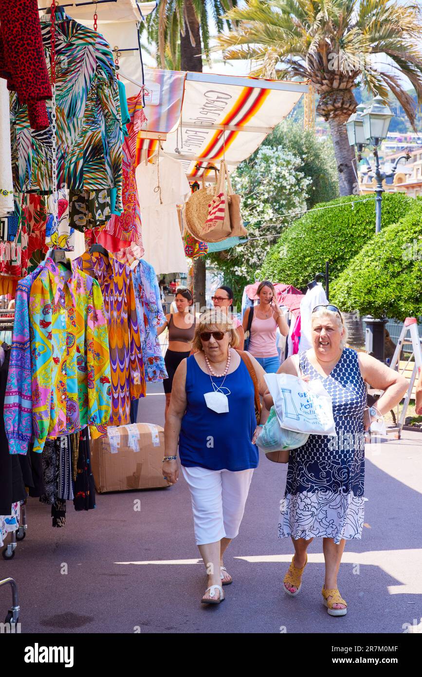 People walking past market stalls, Rapallo, Liguria, Italy Stock Photo ...