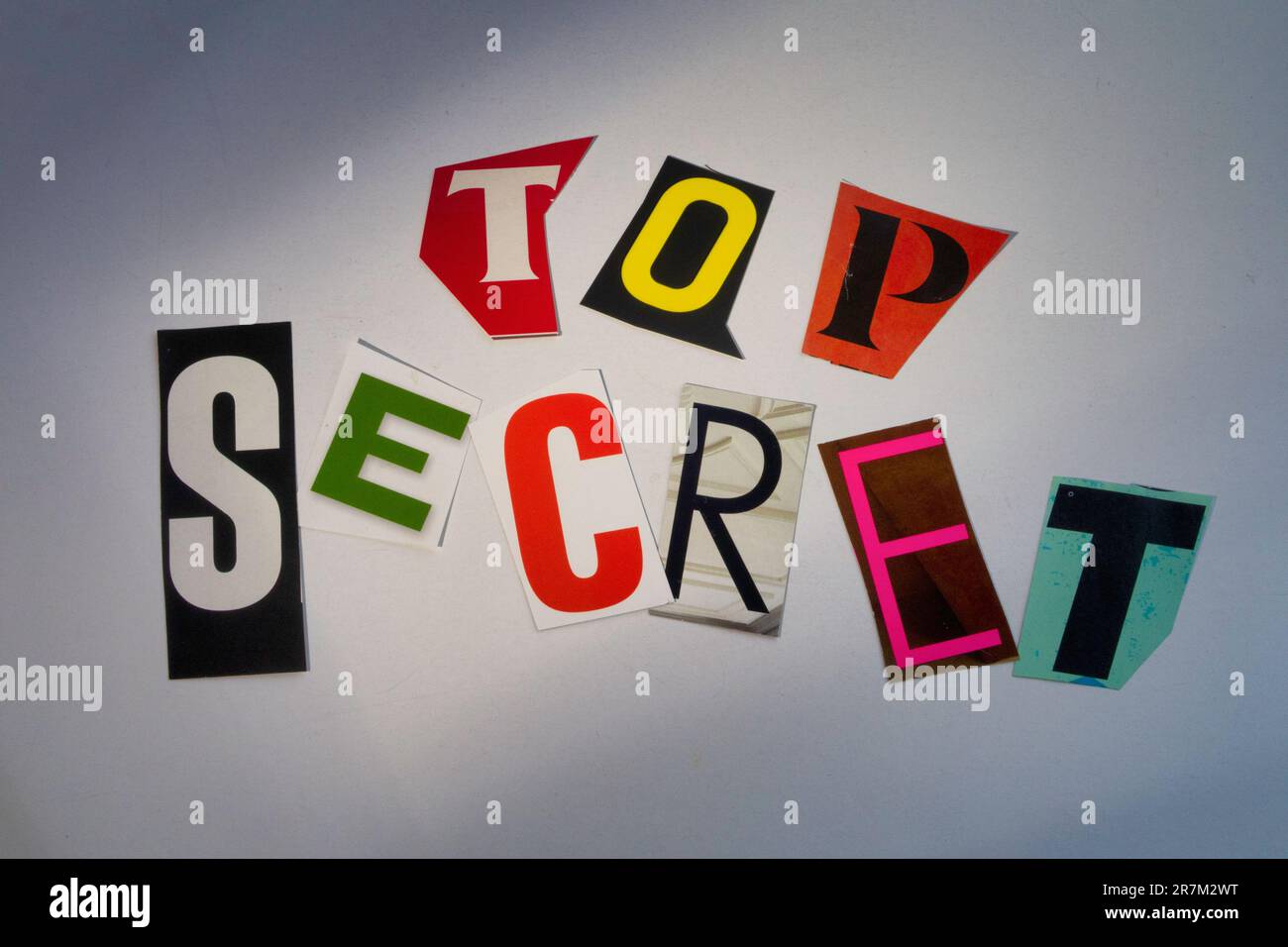 The words "Top Secret" spelled out in ransom note style typography, USA ...