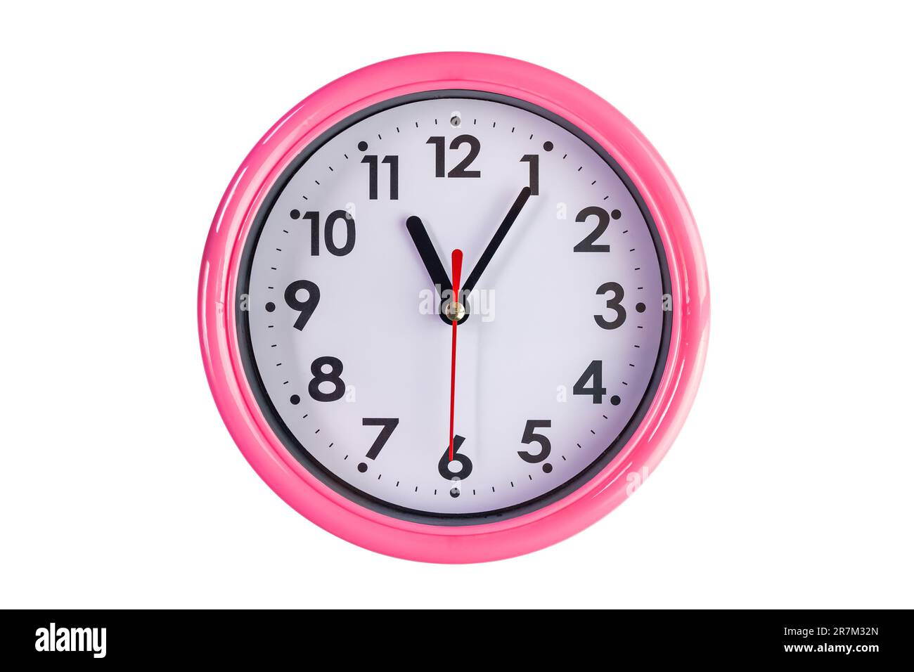 Top view of beautiful wall clock with pink edge isolated on white ...