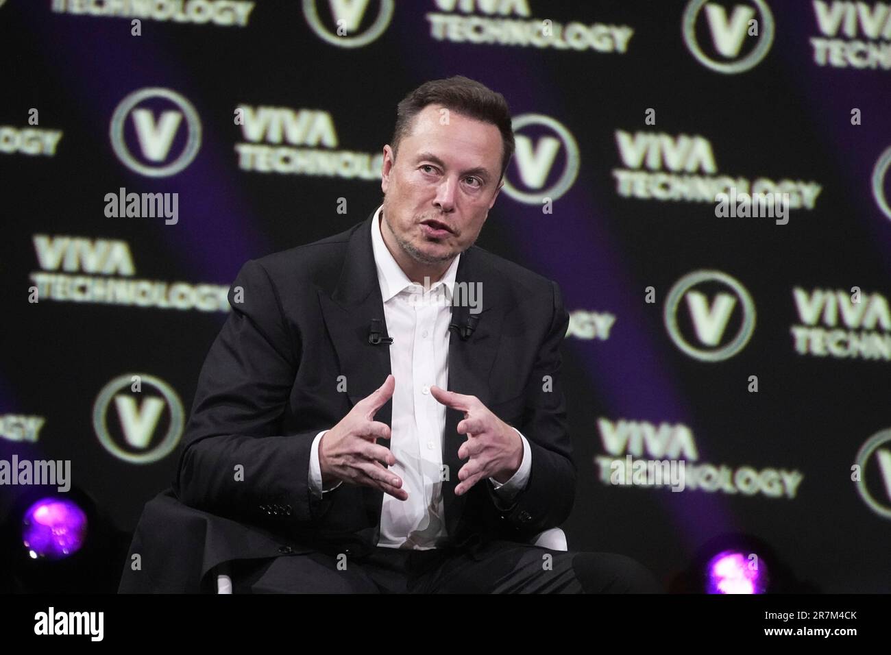 Elon Musk, who owns Twitter, Tesla and SpaceX, speaks at the Vivatech ...