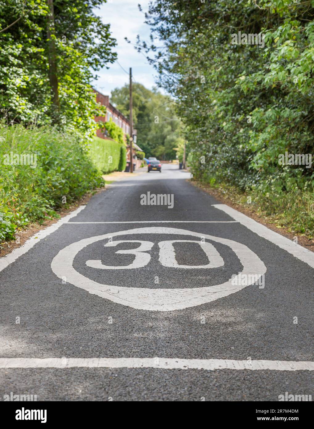 Low view of a 30 mph sign painted on the road on the approach to a ...