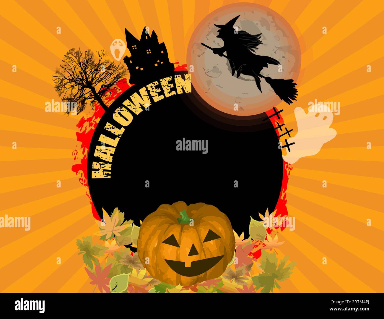 Abstract vector illustration with rounded frame, full moon, witch ...
