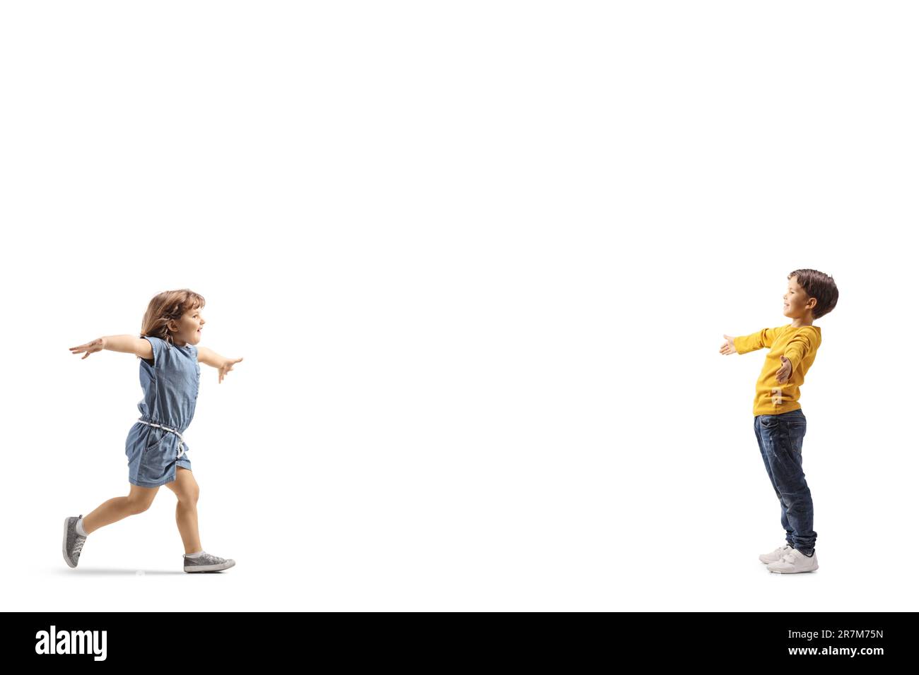 Little girl running to hug a boy isolated on white background Stock ...