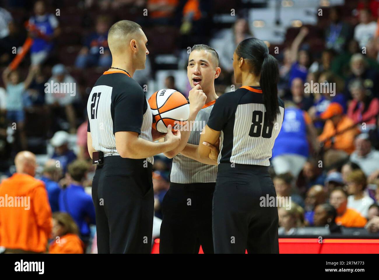 UNCASVILLE, CT - JUNE 15: Referee Isaac Barnett (center) speaks with ...