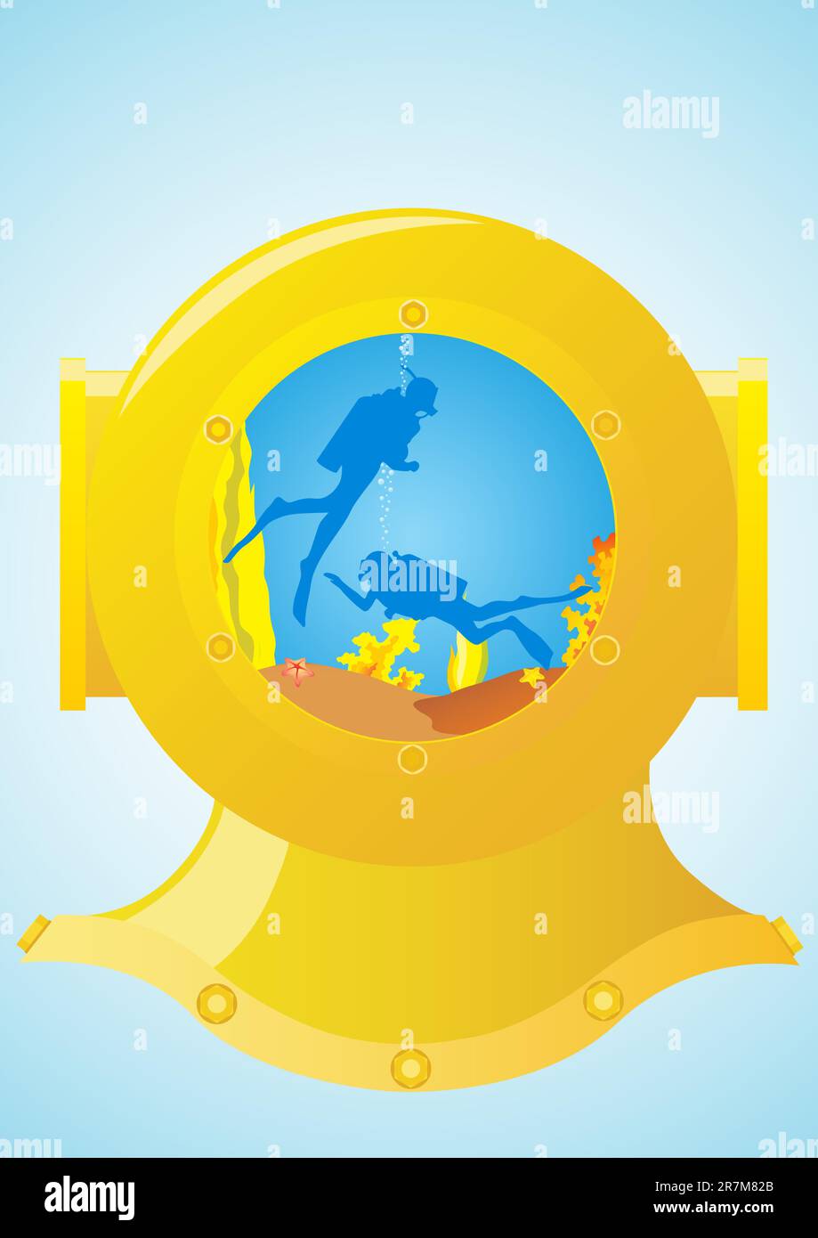 Diving helmet, in the viewing window are reflected divers swimming in ...