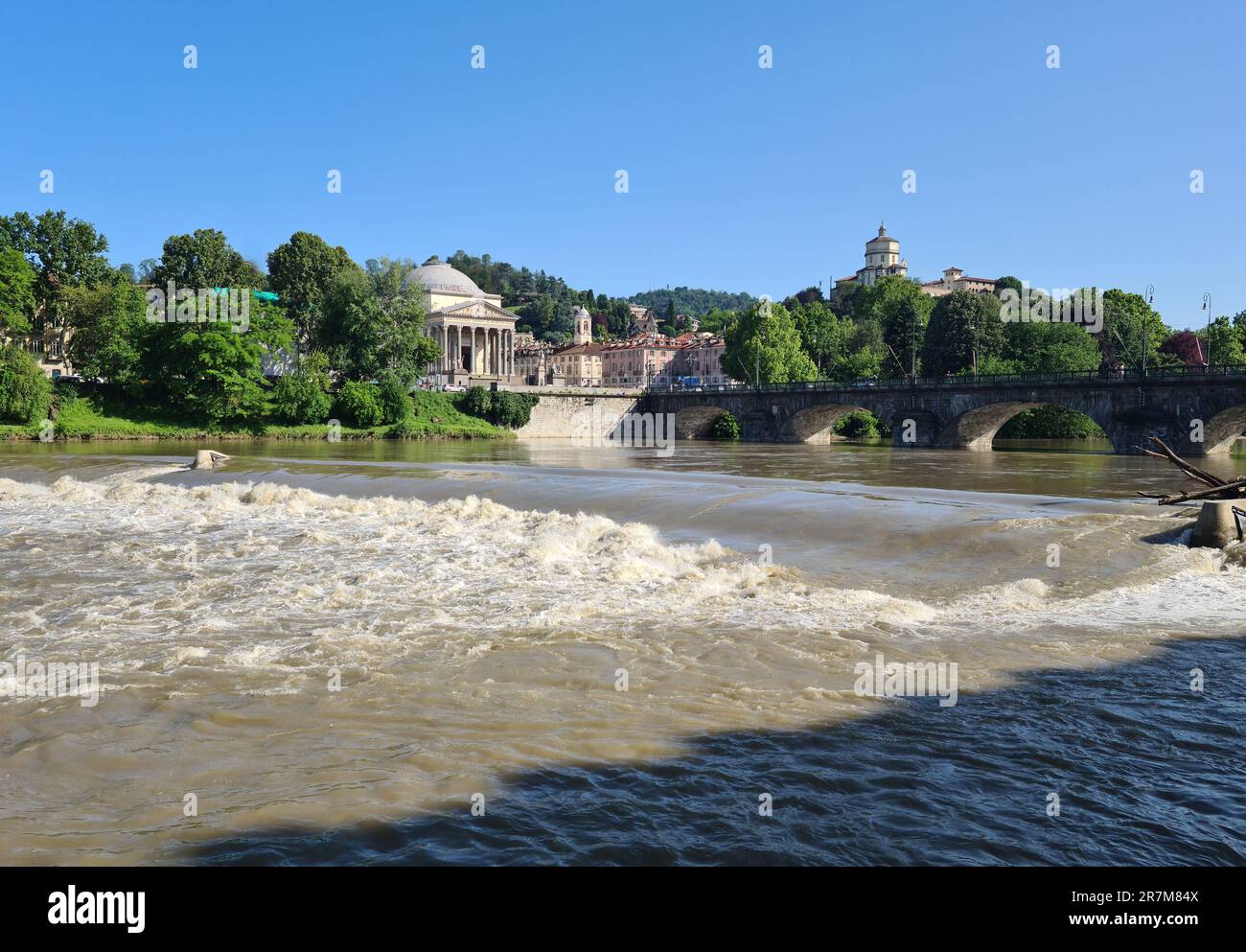 The river Po in Turin photographed by the Murazzi. On the hill the ...