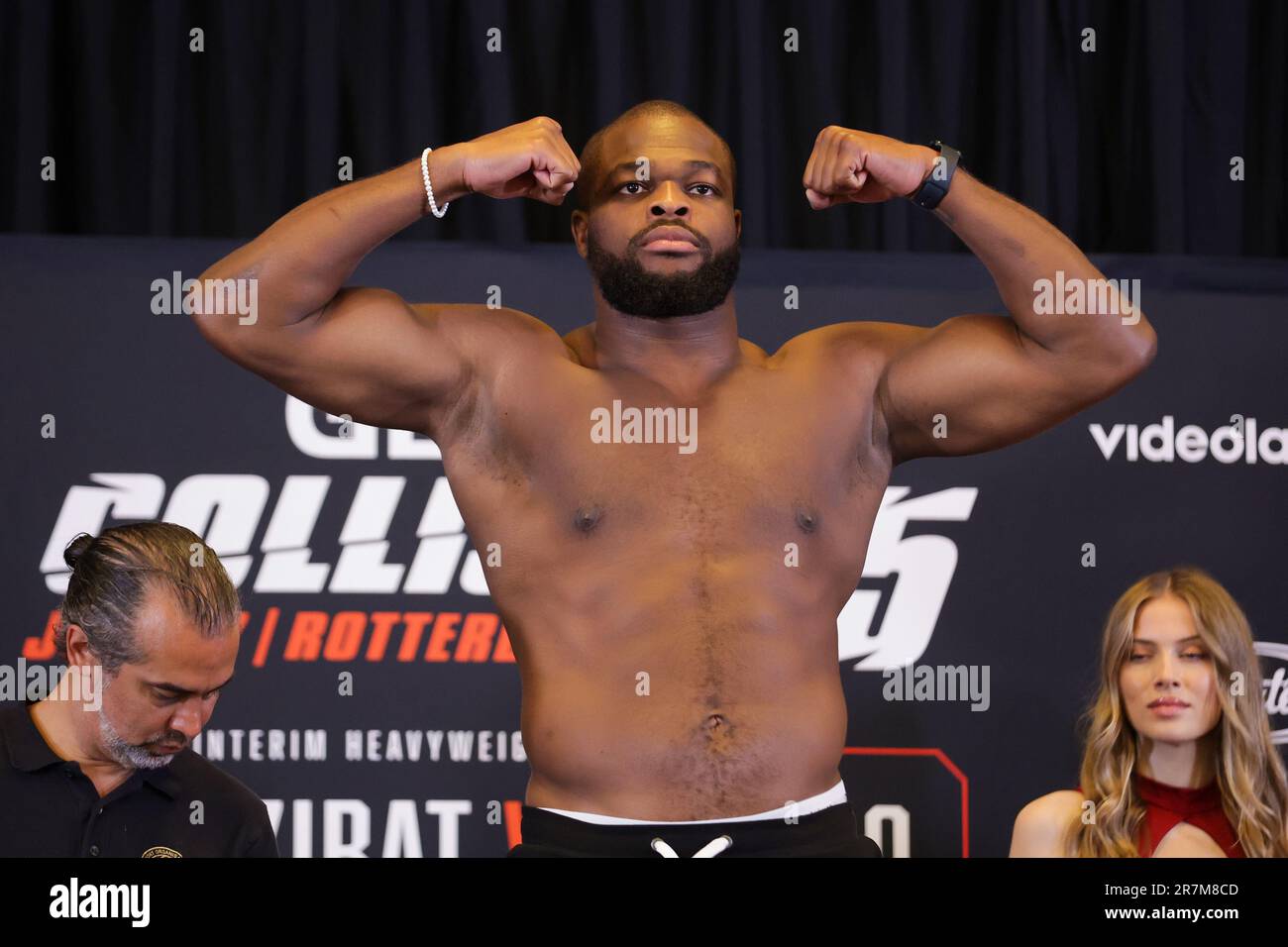 Rotterdam, Netherlands. 16th June, 2023. Nigerian kickboxer Tariq Osaro poses on the scale ...