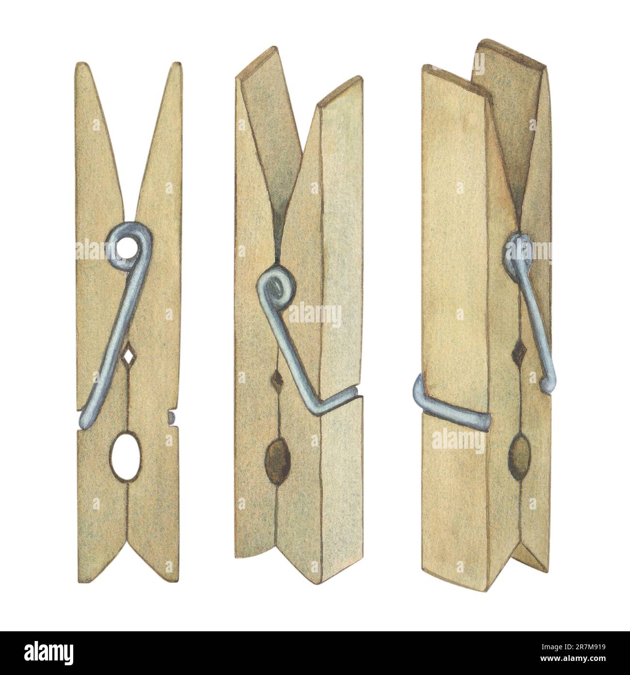 Laundry. Set of illustration of clothespins. Watercolor on a white ...