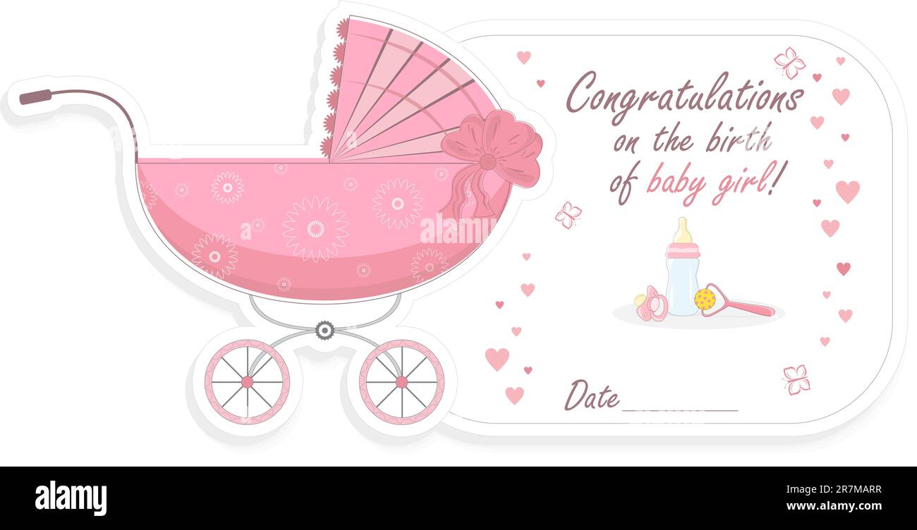 Postcard Congratulation on the birth of baby girl. Vector Illustration ...