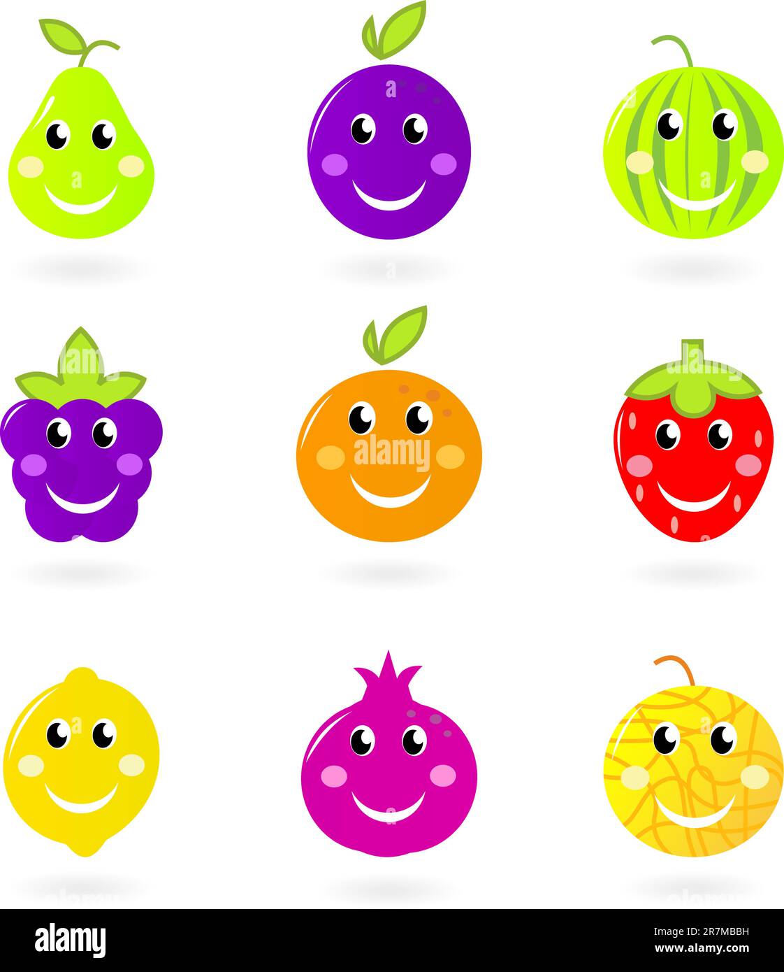 Cute cartoon vector fruity icons - orange, plum, pomegranate ...
