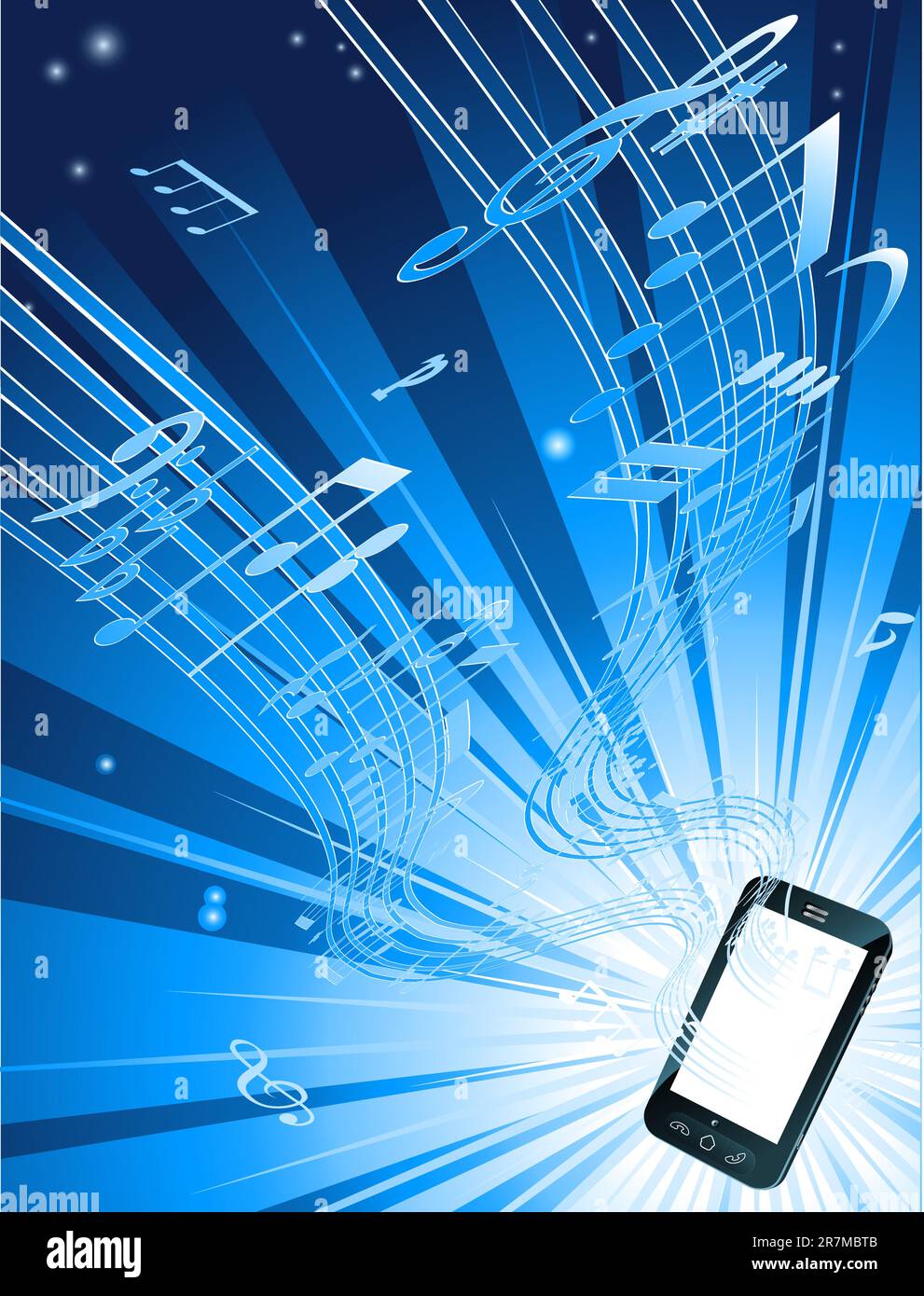 Blue mobile phone music background with musical notes streaming out of ...