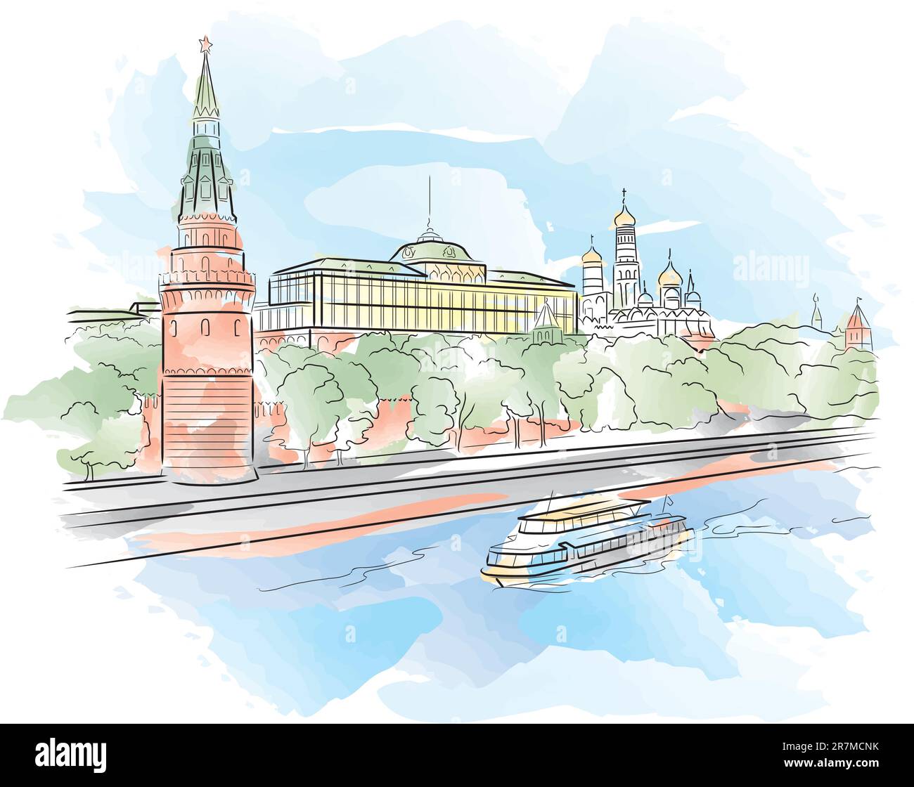 Big Palace of Moscow Kremlin with Moscow river, vector illustration ...