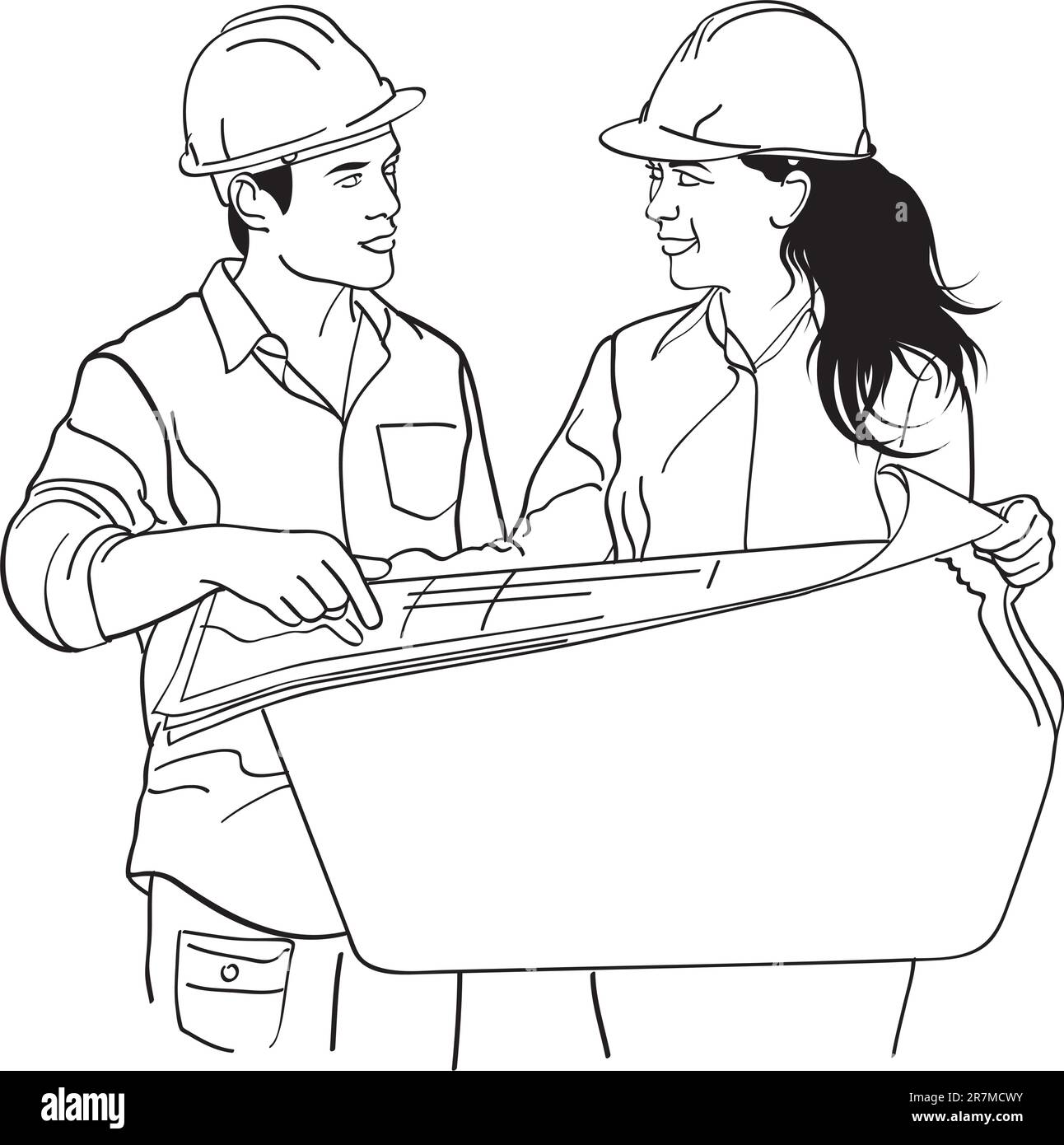 Drawing black and white young architects. Vector illustration Stock ...