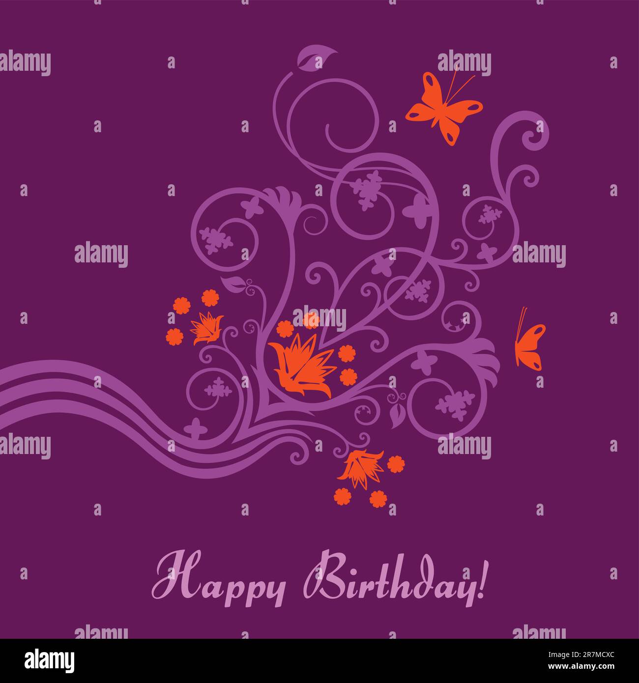 Purple and pink floral birthday card. This image is a vector ...