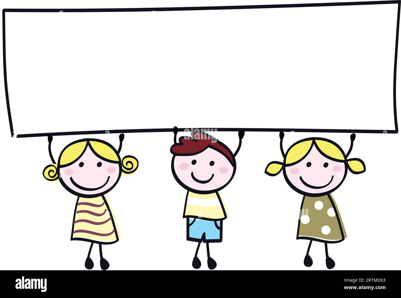 Happy cute little girls and boy holding empty blank banner - cartoon ...