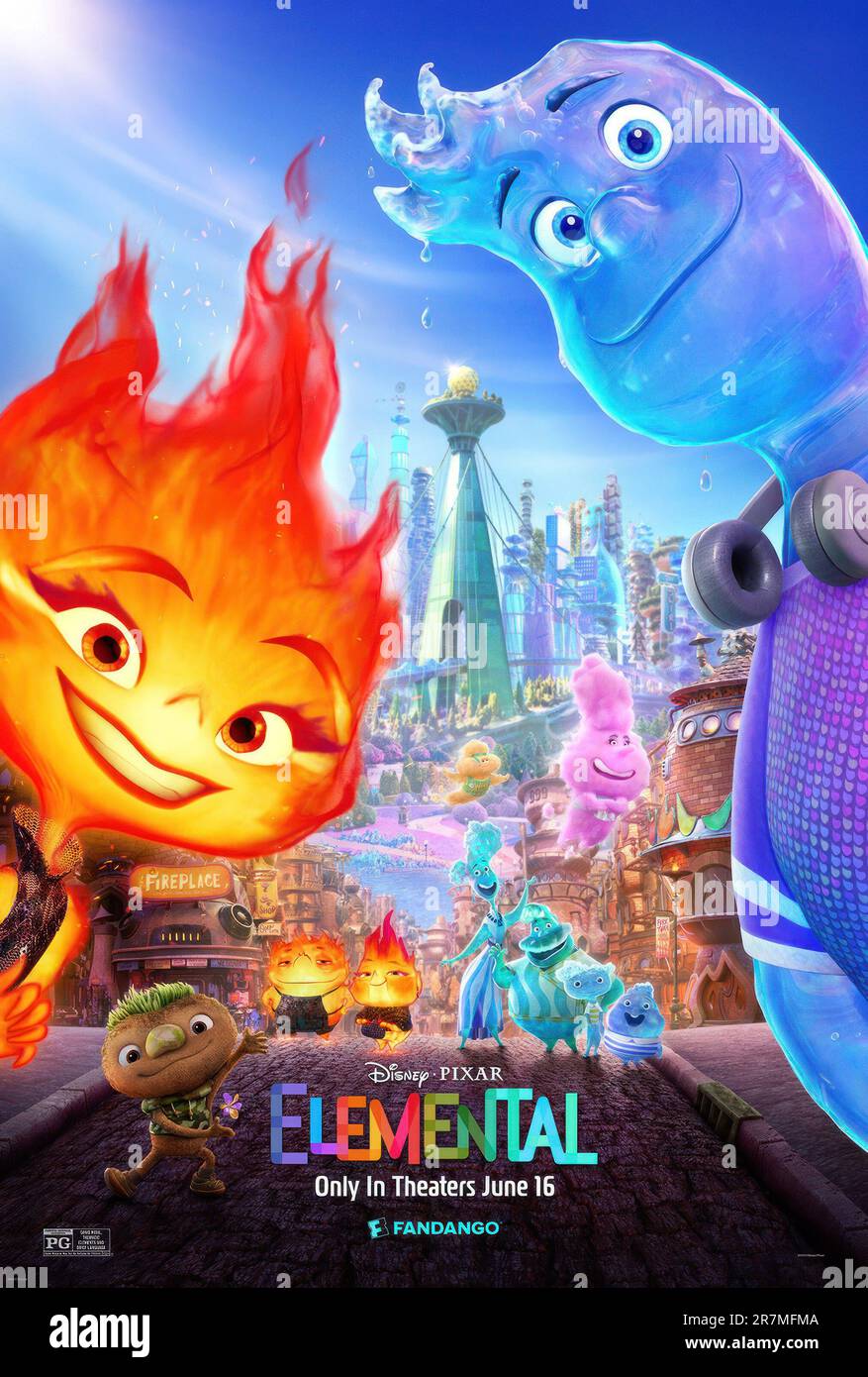 ELEMENTAL, US Fandango poster, top from left: Ember (voice: Leah Lewis ...