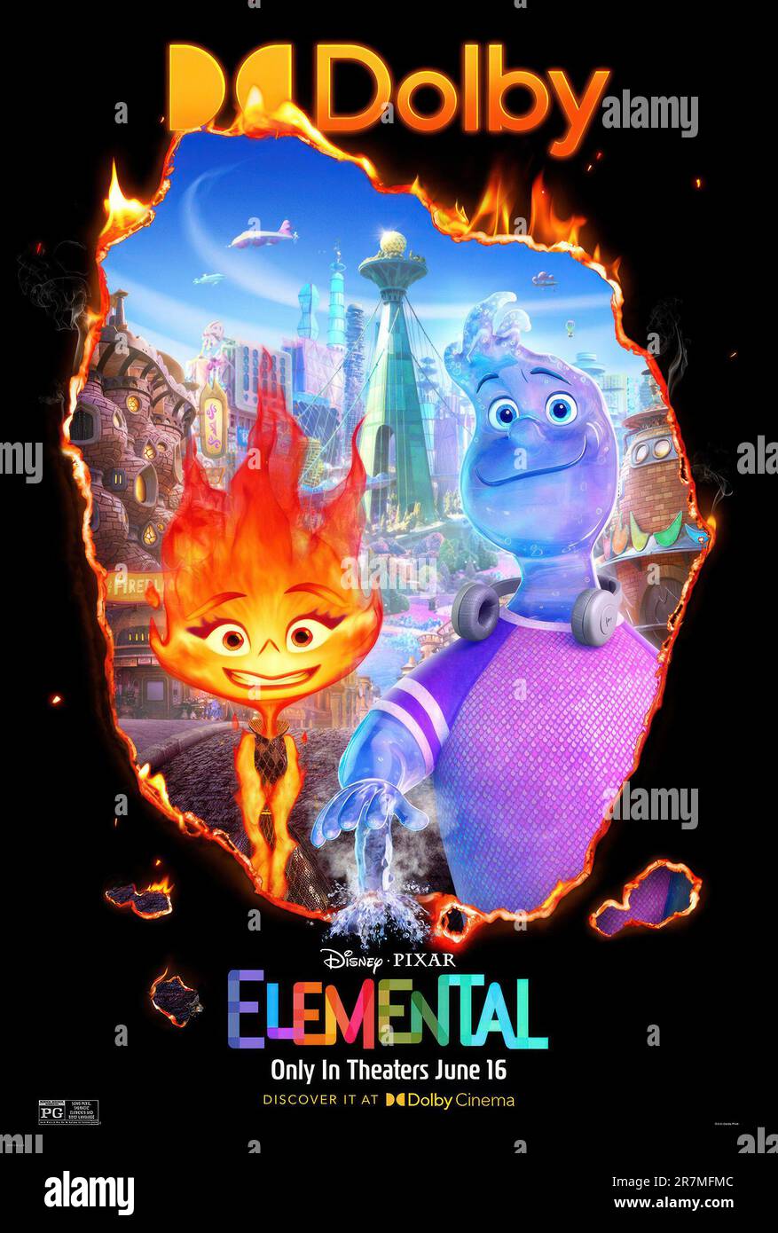 ELEMENTAL, US Dolby Cinema poster, from left: Ember (voice: Leah Lewis), Wade (voice: Mamoudou ...