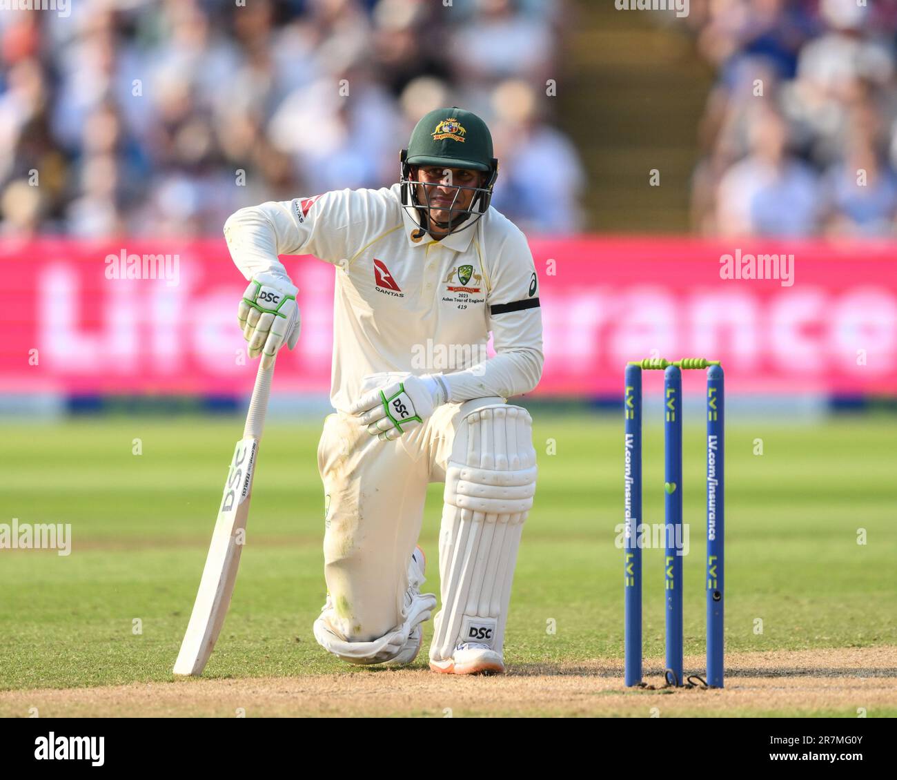 Birmingham, UK. 16th June, 2023. Usman Khawaja of Australia on his knee ...