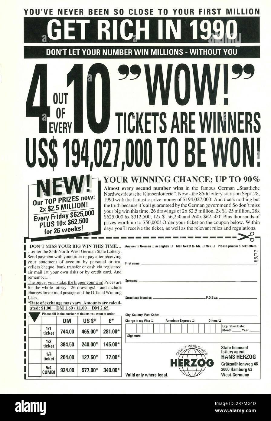 Hans Herzog state lottery Germany advert in a magazine 1990 Stock Photo ...