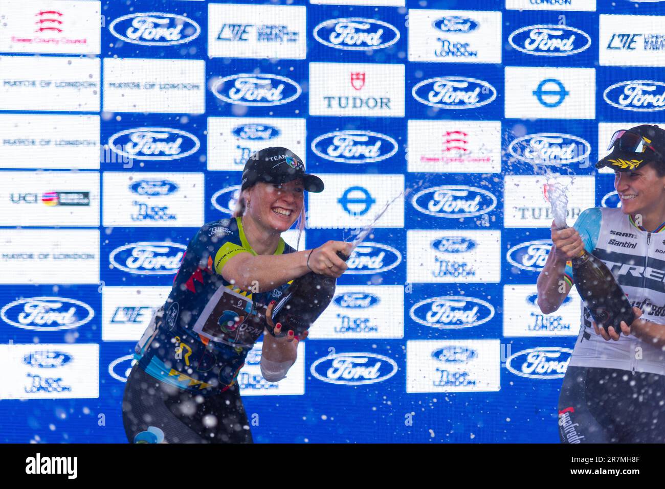 Charlotte Kool spraying champagne after winning the Classique UCI Women ...
