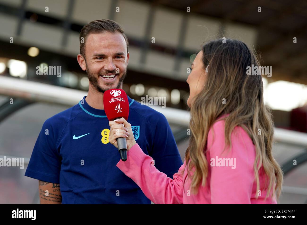England's James Maddison is interviewed by Channel 4's Kelly Somers ...