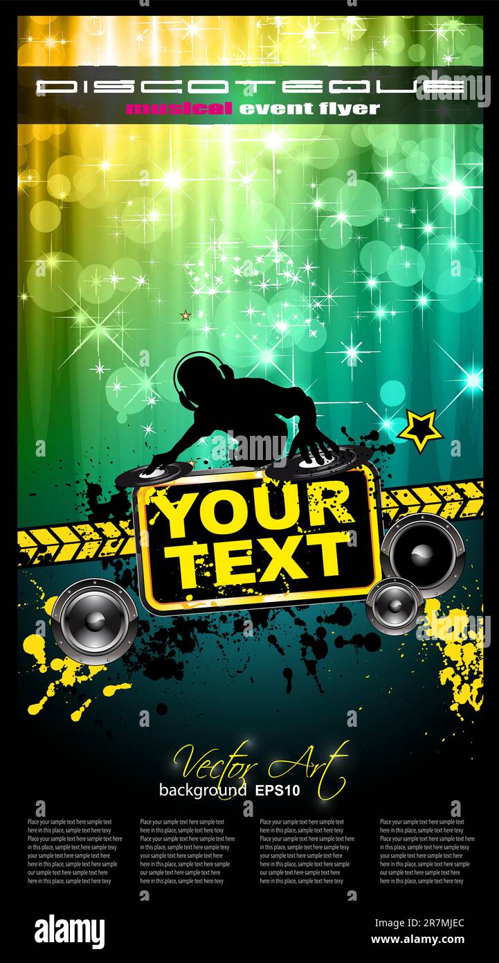 Disco Event Poster with a Disk Jockey remixing two disks with a ...