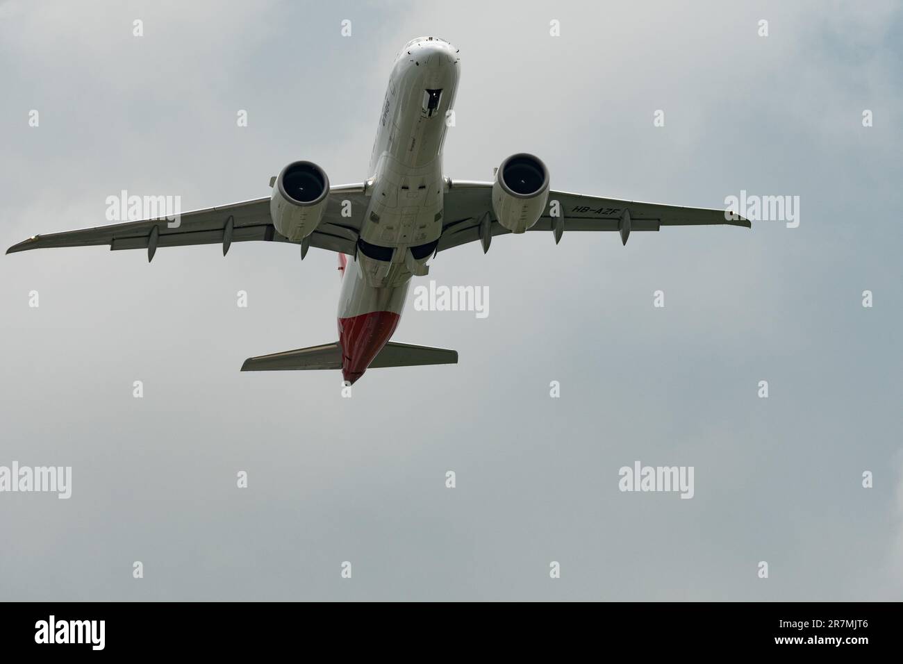 Zurich, Switzerland, May 2, 2023 HB-AZF Helvetic Airways Embraer E190-E2 aircraft departing from ...