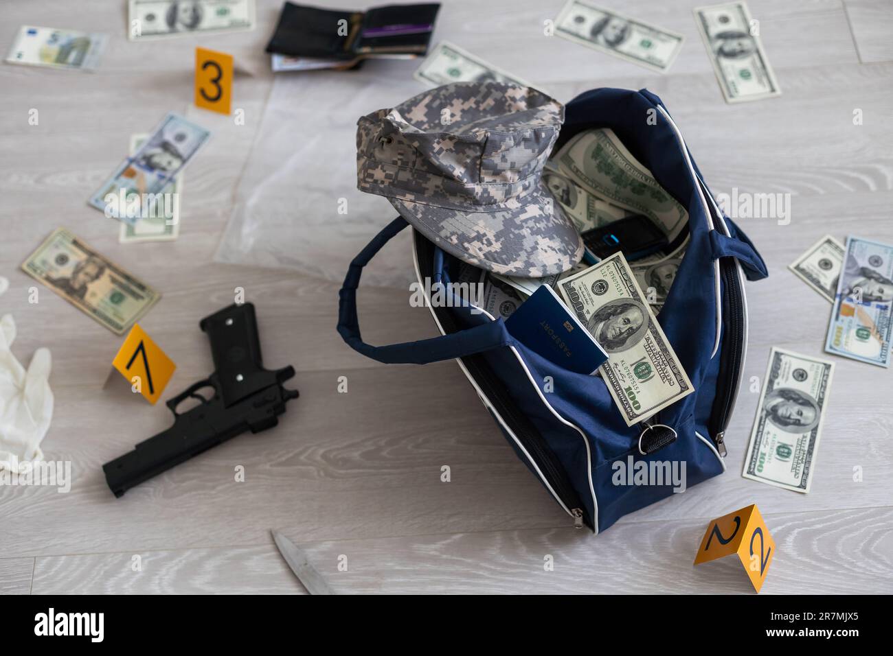 Guns and drugs concept - top view of cocain packages, drug bags and gun ...