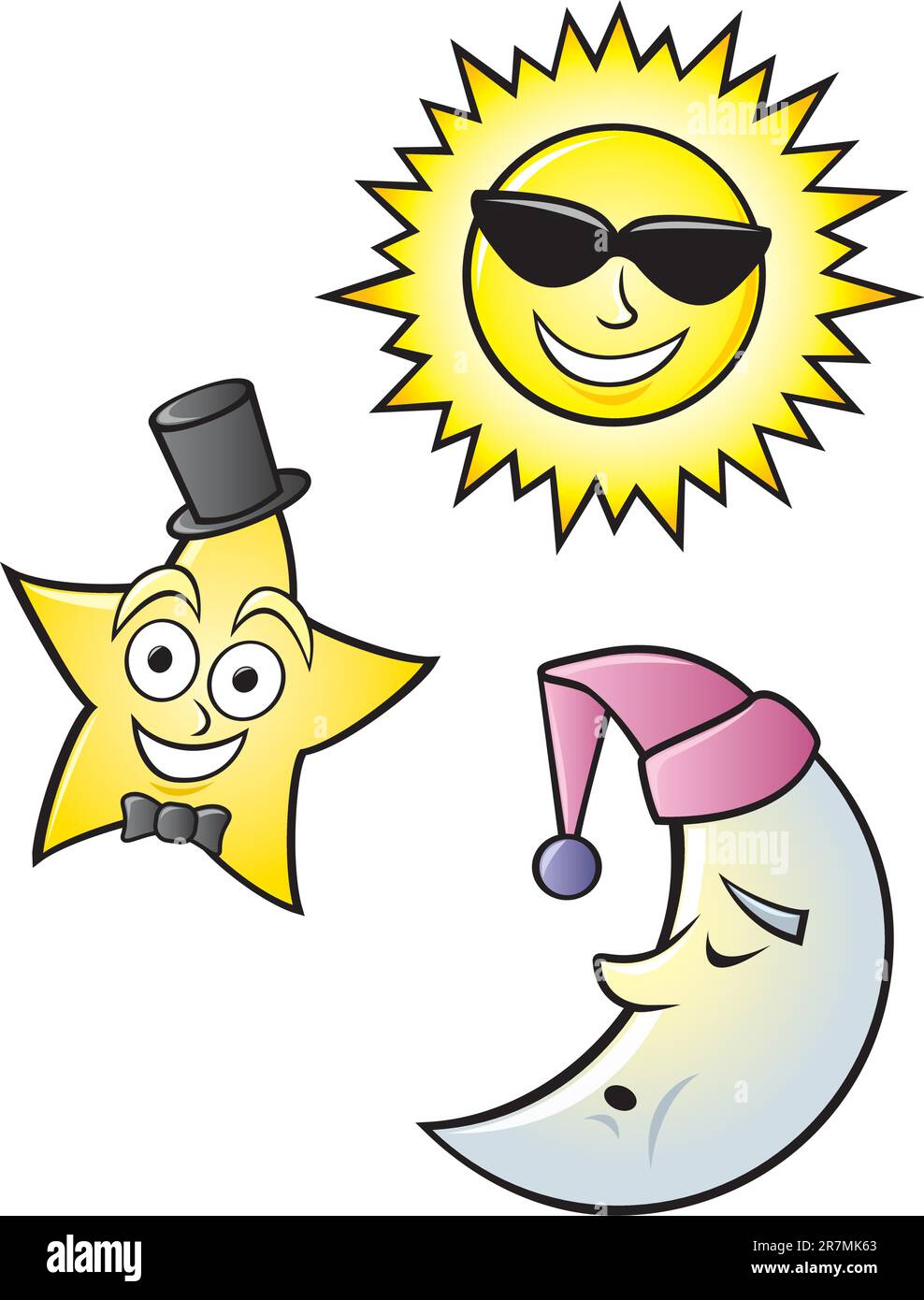 A cartoon depiction of a sleeping moon, dressed up star and hot sun ...