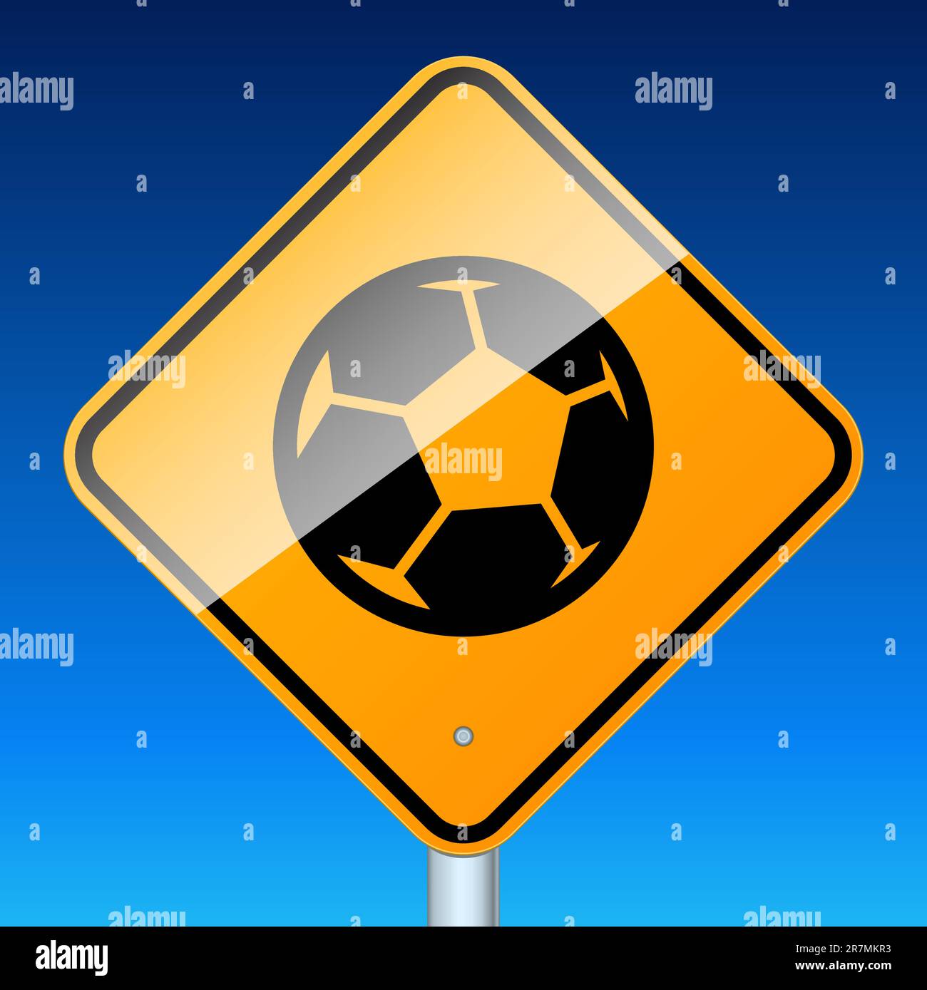 Soccer ball in yellow road sign isolated on blue background Stock ...