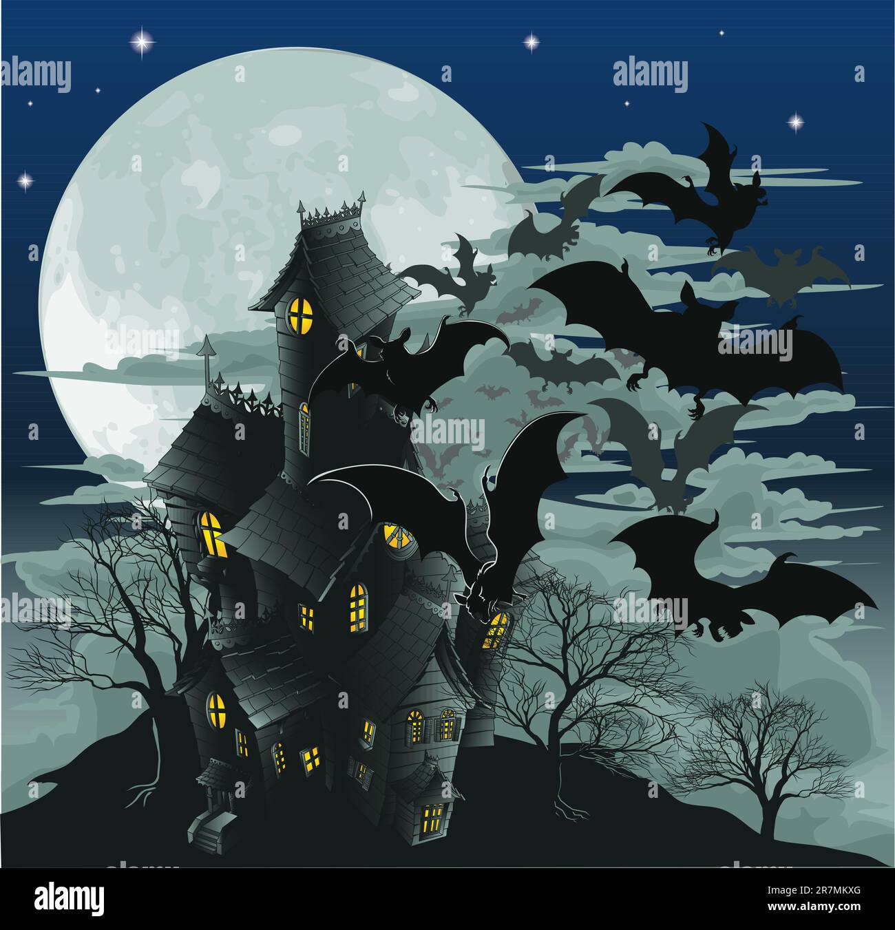 Halloween scene. Illustration of a spooky haunted ghost house with bats ...