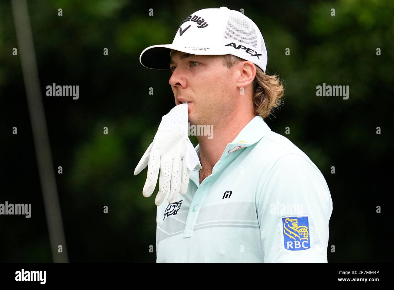 Sam Burns waits to play on the sixth hole during the second round of ...