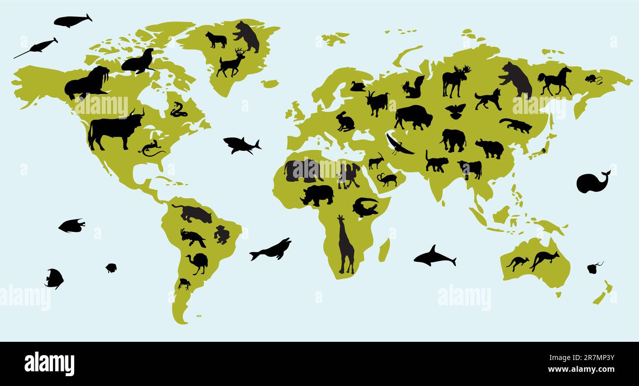 Vector picture of a world map with pictures of animals Stock Vector ...
