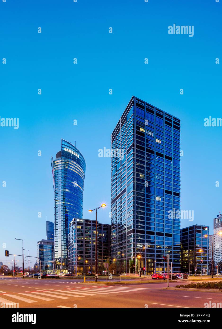 View towards the Warsaw Spire Skyscraper at dusk, Warsaw, Masovian ...