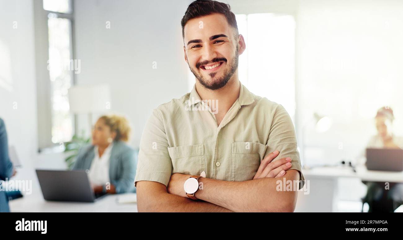 Face, proud and happy man in startup company, creative business or busy ...