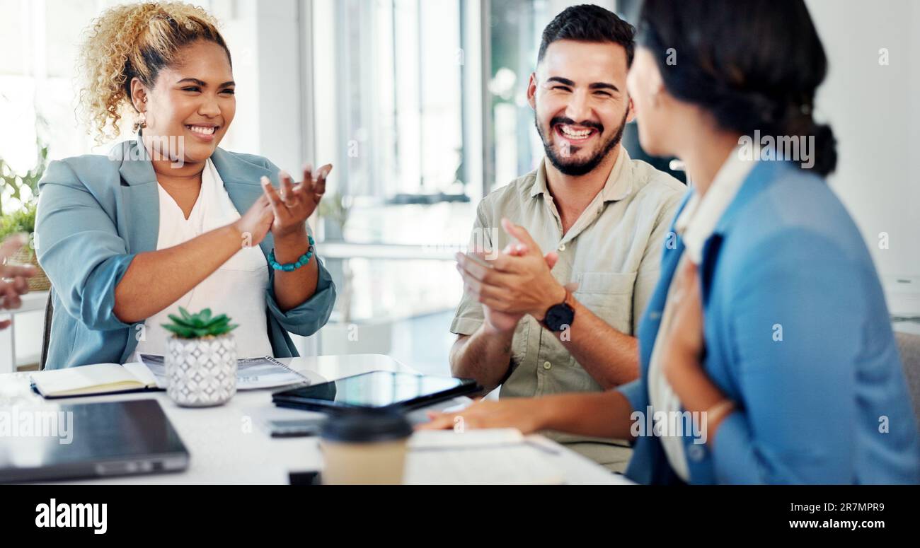 Business, woman and leader handshake employee, applause for promotion ...
