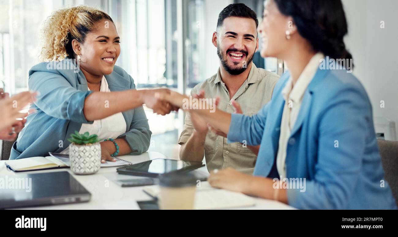 Business, woman and leader handshake employee, applause for promotion ...
