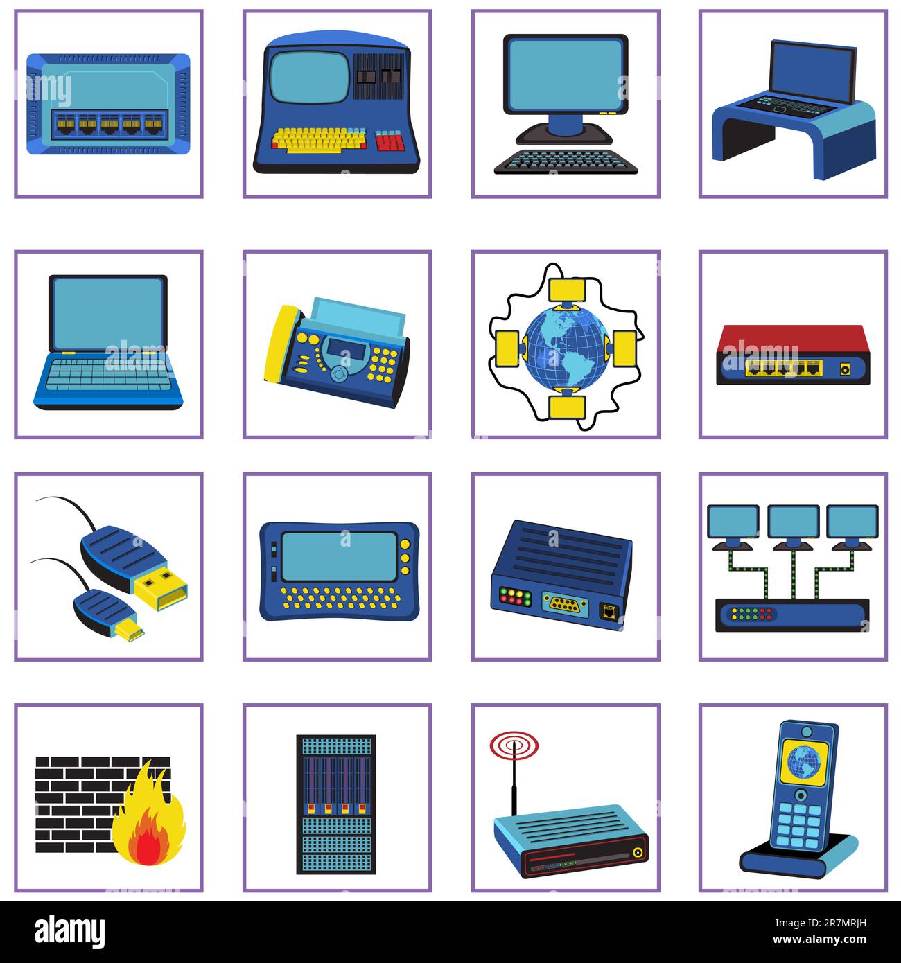 Illustration set of 16 different network icons in retro style Stock ...