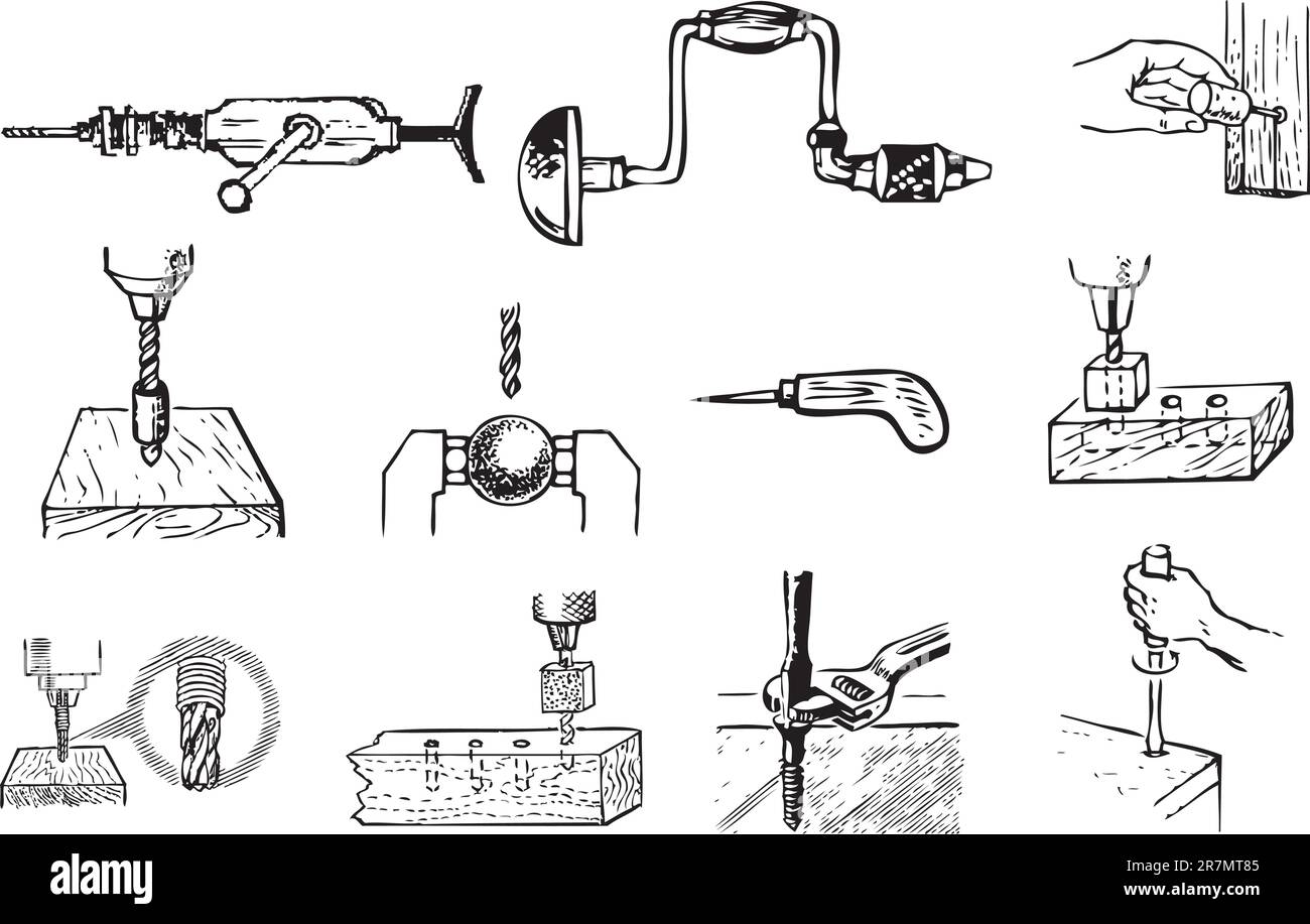 Work related to drilling holes and mounting hardware. Vector ...