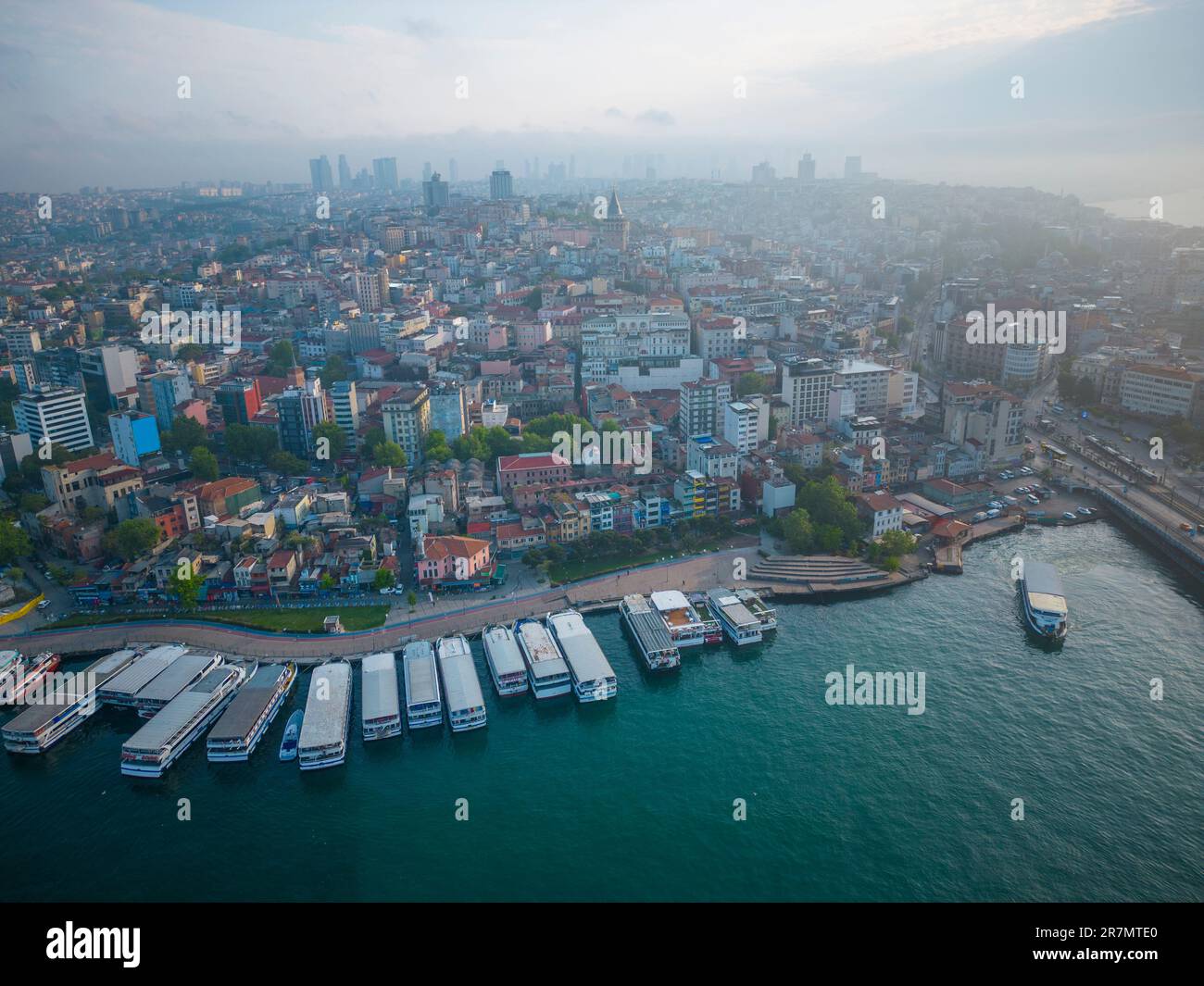 Galata Tower and Karakoy aerial view with morning twilight from Golden ...