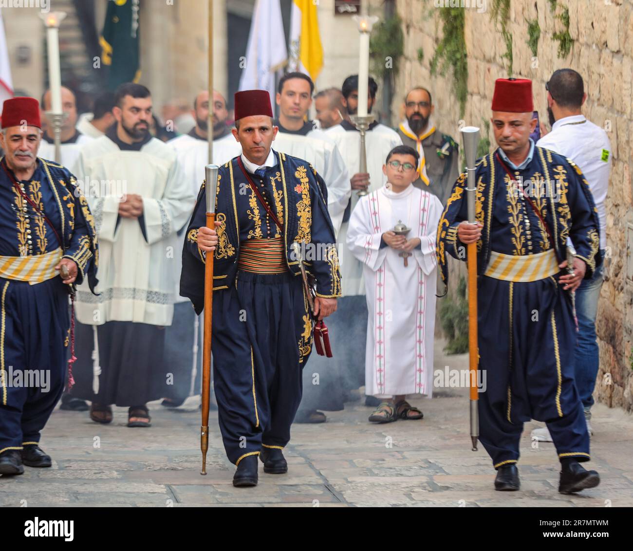 Three Qawases leading the Holy Mary Procession in Jerusalem, near the ...
