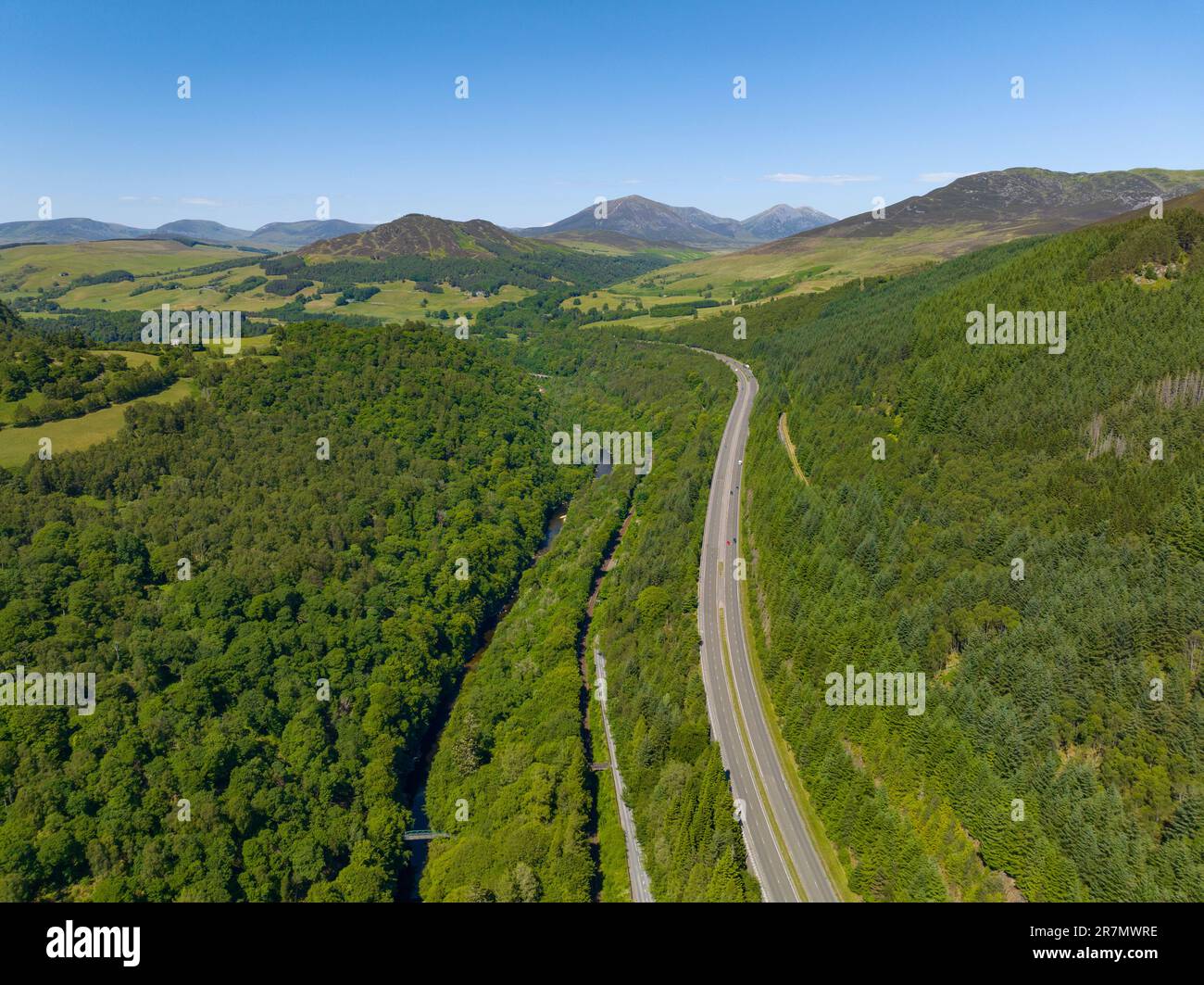 Killiecrankie, Scotland, UK. 16th June 2023. Aerial view of the A9 ...